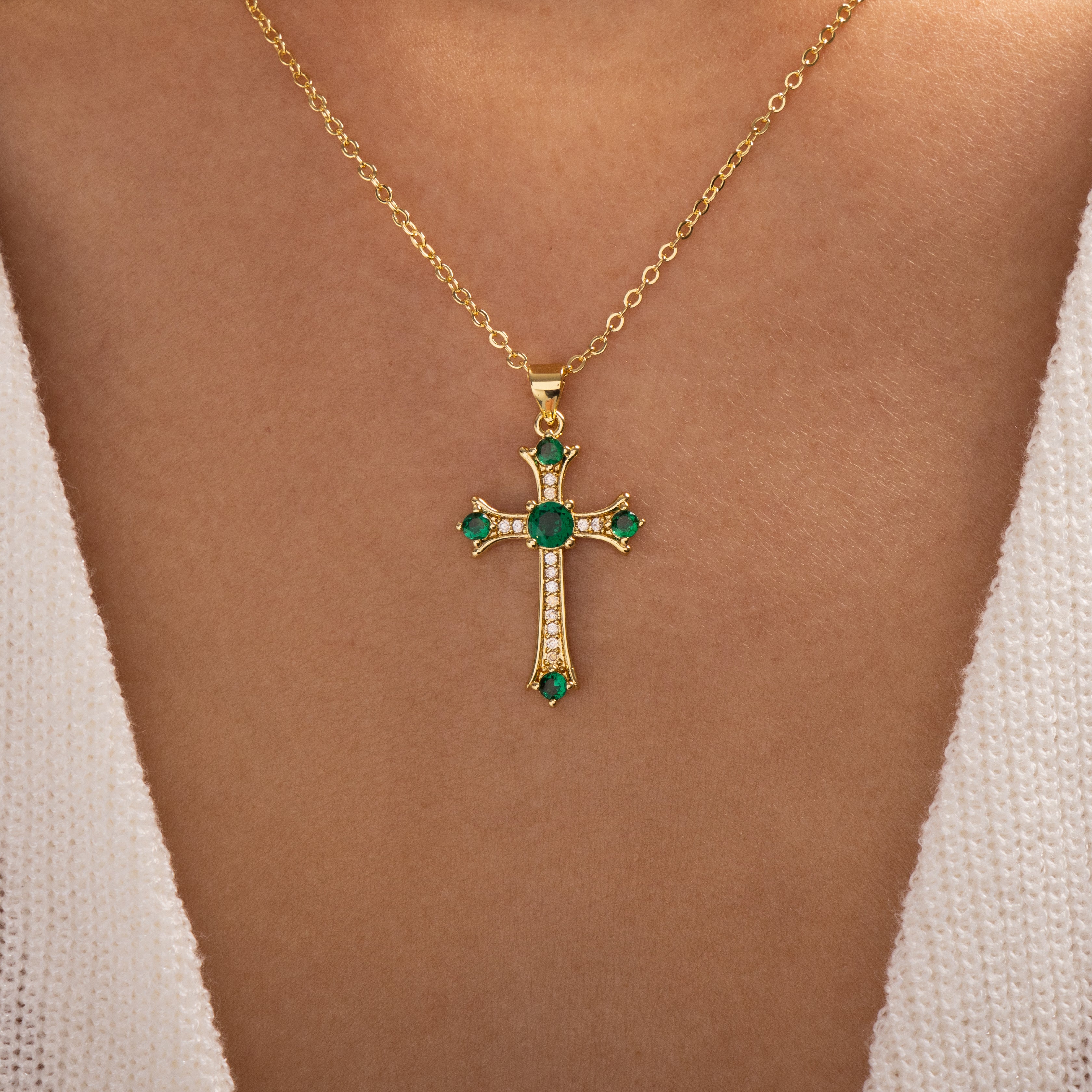 Crystal Laney Cross Necklace (Emerald) – Love Stylize